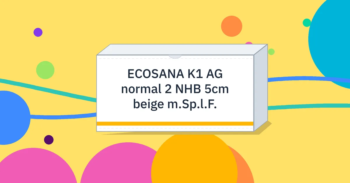 Symbolbild: Packung mit der Aufschrift ECOSANA K1 AG normal 2 NHB 5cm beige m.Sp.l.F. (PZN 04726679) – Verfügbarkeit und Bezug in Apotheken in Frankfurt am Main