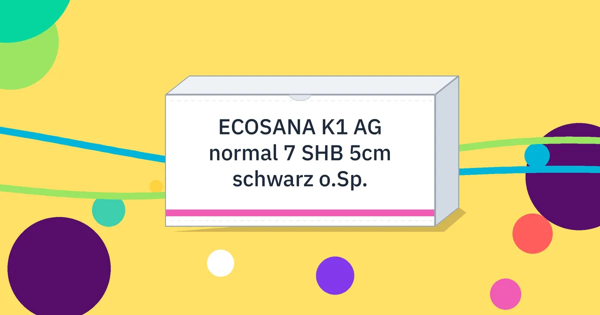 Symbolbild: Packung mit der Aufschrift ECOSANA K1 AG normal 7 SHB 5cm schwarz o.Sp. (PZN 04730333) – Verfügbarkeit und Bezug in Apotheken in Frankfurt am Main