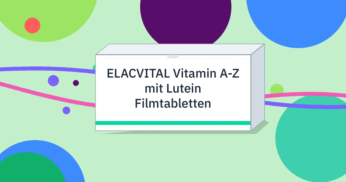 Symbolbild: Packung mit der Aufschrift ELACVITAL Vitamin A-Z mit Lutein Filmtabletten (PZN 19212242) – Verfügbarkeit und Bezug in Apotheken in Frankfurt am Main
