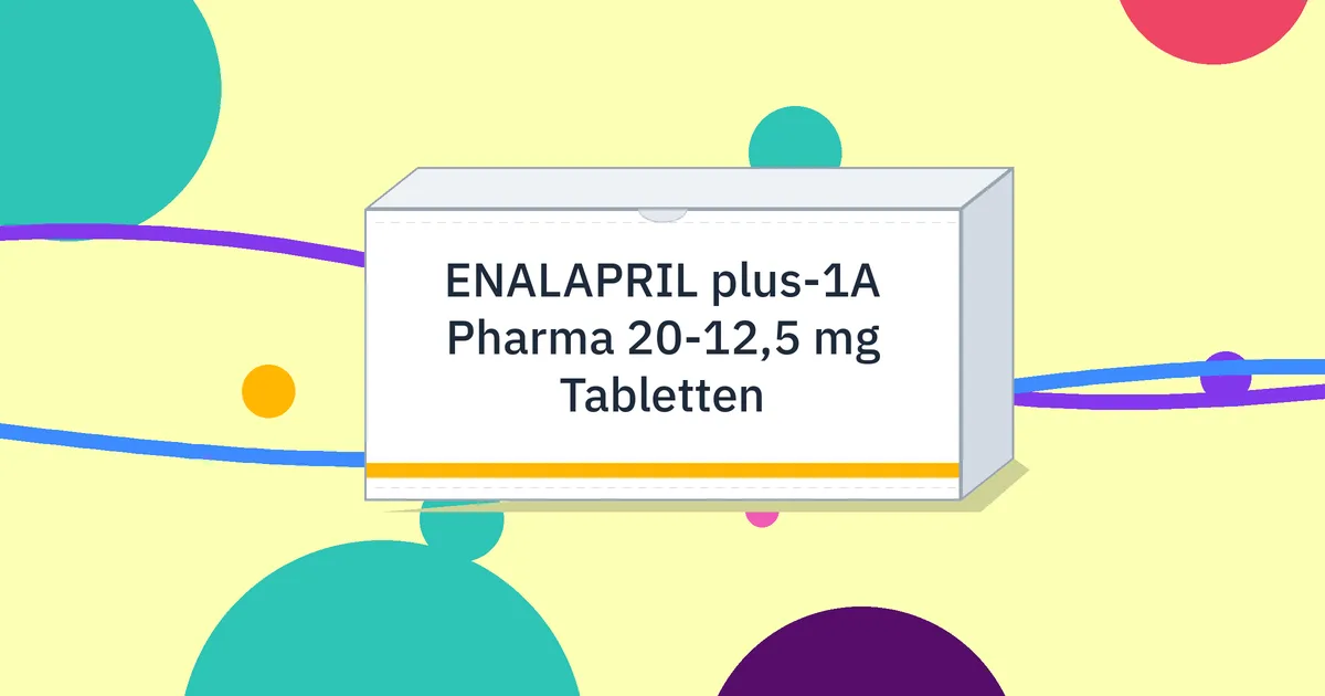Symbolbild: Packung mit der Aufschrift ENALAPRIL plus-1A Pharma 20-12,5 mg Tabletten (PZN 07300780) – Verfügbarkeit und Bezug in Apotheken in Frankfurt am Main