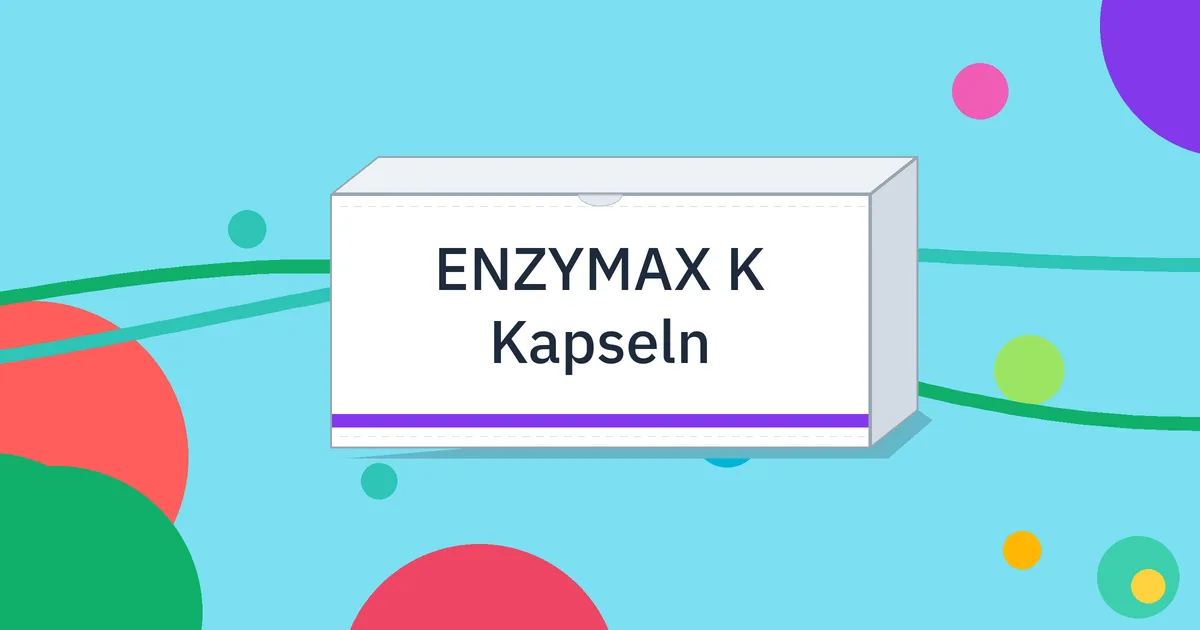 Symbolbild: Packung mit der Aufschrift ENZYMAX K Kapseln (PZN 10326694) – Verfügbarkeit und Bezug in Apotheken in Frankfurt am Main