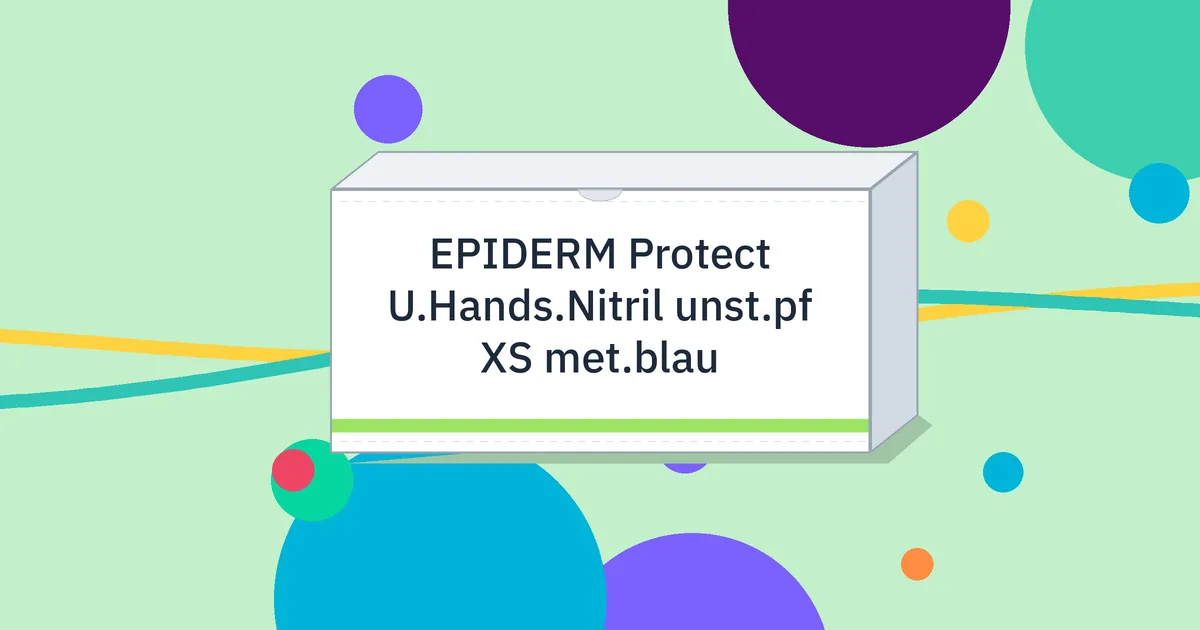 Symbolbild: Packung mit der Aufschrift EPIDERM Protect U.Hands.Nitril unst.pf XS met.blau (PZN 16685750) – Verfügbarkeit und Bezug in Apotheken in Frankfurt am Main