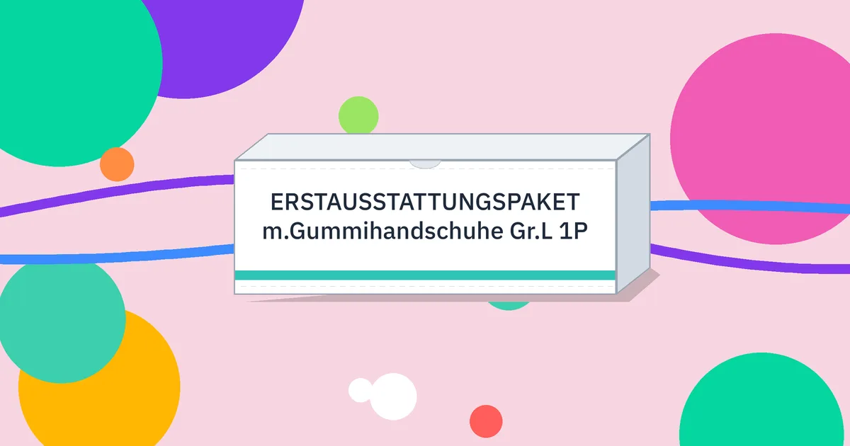 Symbolbild: Packung mit der Aufschrift ERSTAUSSTATTUNGSPAKET m.Gummihandschuhe Gr.L 1P (PZN 19628497) – Verfügbarkeit und Bezug in Apotheken in Frankfurt am Main