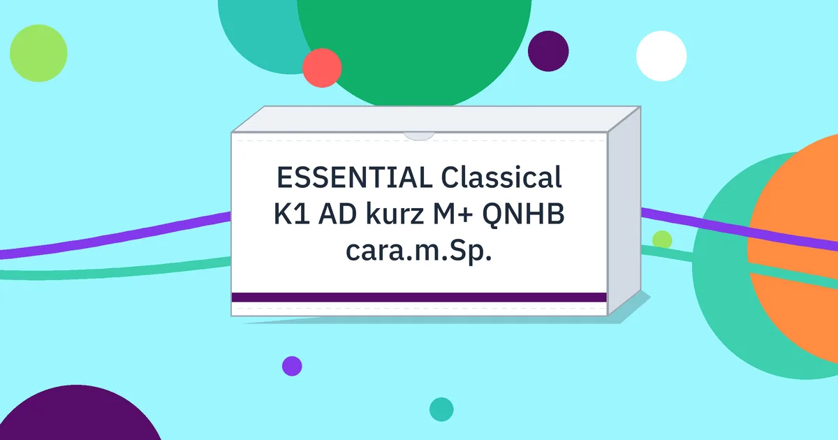Symbolbild: Packung mit der Aufschrift ESSENTIAL Classical K1 AD kurz M+ QNHB cara.m.Sp. (PZN 18866906) – Verfügbarkeit und Bezug in Apotheken in Frankfurt am Main