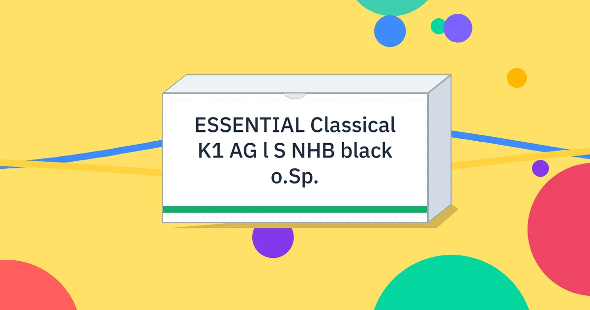 Symbolbild: Packung mit der Aufschrift ESSENTIAL Classical K1 AG l S NHB black o.Sp. (PZN 17004433) – Verfügbarkeit und Bezug in Apotheken in Frankfurt am Main