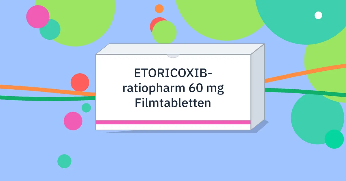 Symbolbild: Packung mit der Aufschrift ETORICOXIB-ratiopharm 60 mg Filmtabletten (PZN 12377081) – Verfügbarkeit und Bezug in Apotheken in Frankfurt am Main
