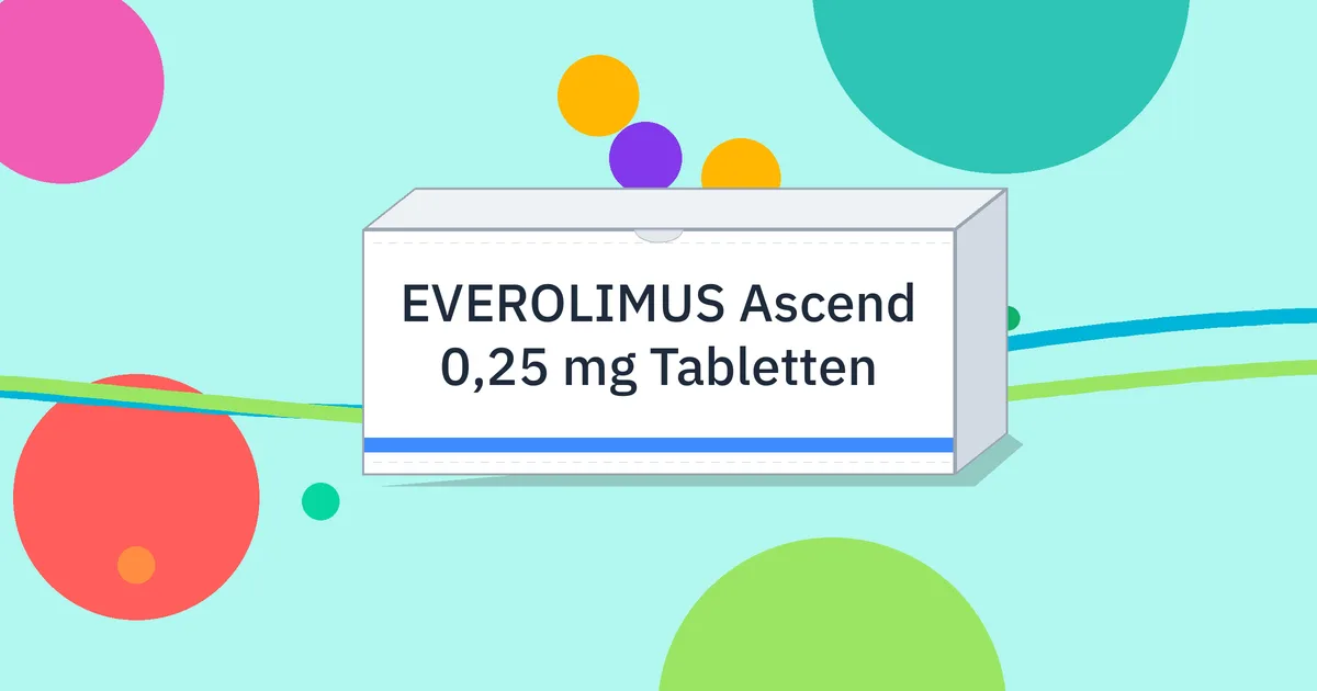 Symbolbild: Packung mit der Aufschrift EVEROLIMUS Ascend 0,25 mg Tabletten (PZN 18425651) – Verfügbarkeit und Bezug in Apotheken in Frankfurt am Main