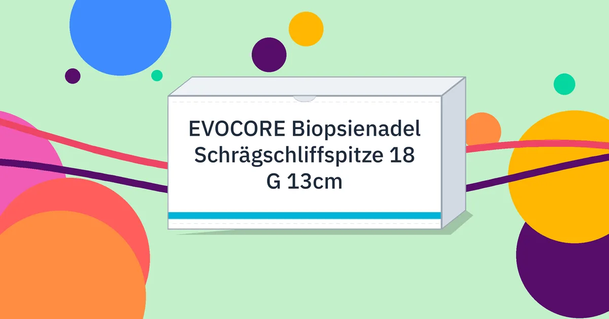 Symbolbild: Packung mit der Aufschrift EVOCORE Biopsienadel Schrägschliffspitze 18 G 13cm (PZN 11655307) – Verfügbarkeit und Bezug in Apotheken in Frankfurt am Main