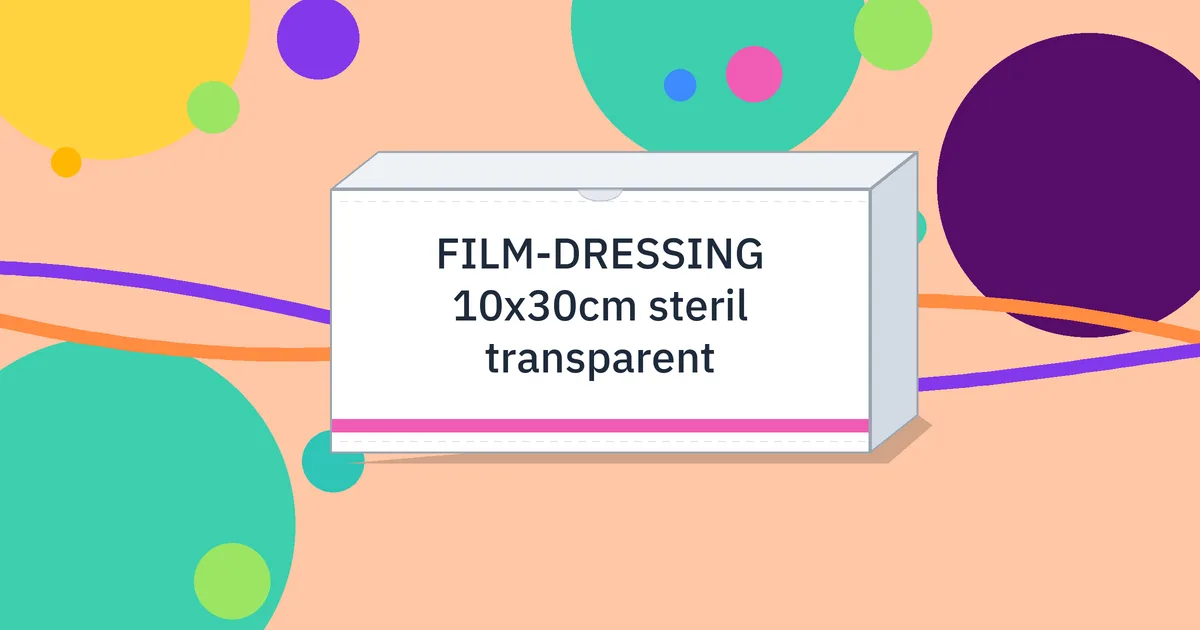 Symbolbild: Packung mit der Aufschrift FILM-DRESSING 10x30cm steril transparent (PZN 20010561) – Verfügbarkeit und Bezug in Apotheken in Frankfurt am Main