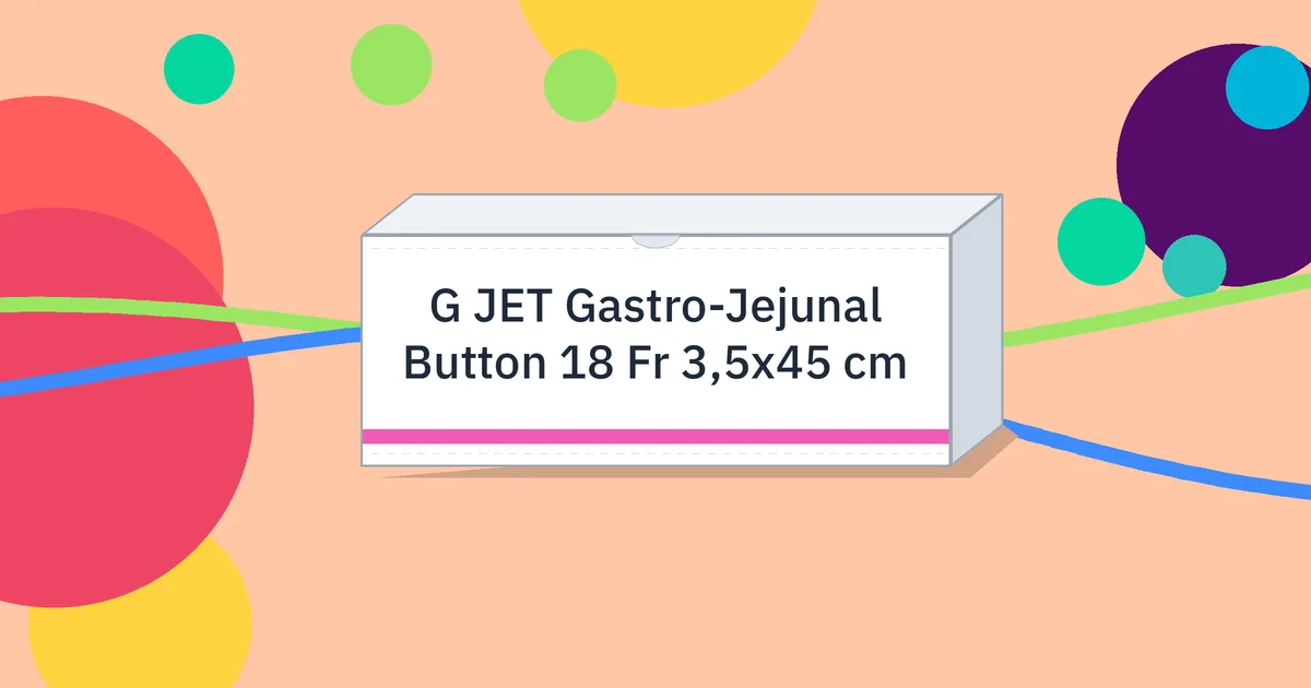 Symbolbild: Packung mit der Aufschrift G JET Gastro-Jejunal Button 18 Fr 3,5x45 cm (PZN 14347291) – Verfügbarkeit und Bezug in Apotheken in Frankfurt am Main