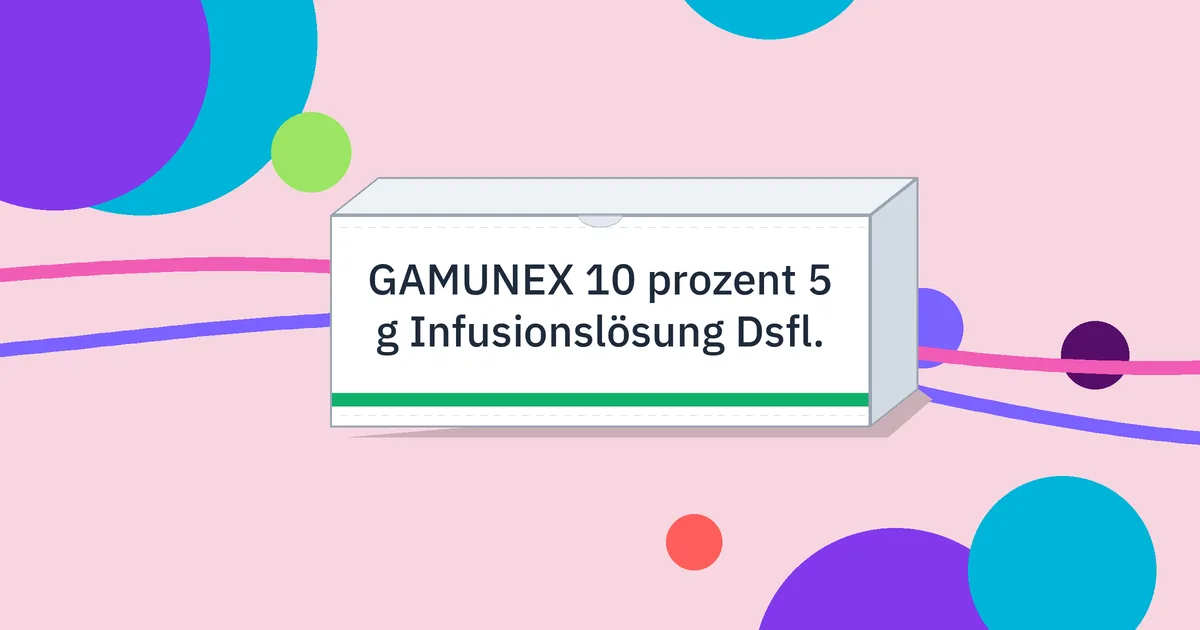 Symbolbild: Packung mit der Aufschrift GAMUNEX 10 prozent 5 g Infusionslösung Dsfl. (PZN 00439581) – Verfügbarkeit und Bezug in Apotheken in Frankfurt am Main