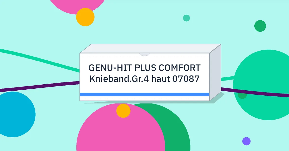 Symbolbild: Packung mit der Aufschrift GENU-HIT PLUS COMFORT Knieband.Gr.4 haut 07087 (PZN 10921468) – Verfügbarkeit und Bezug in Apotheken in Frankfurt am Main
