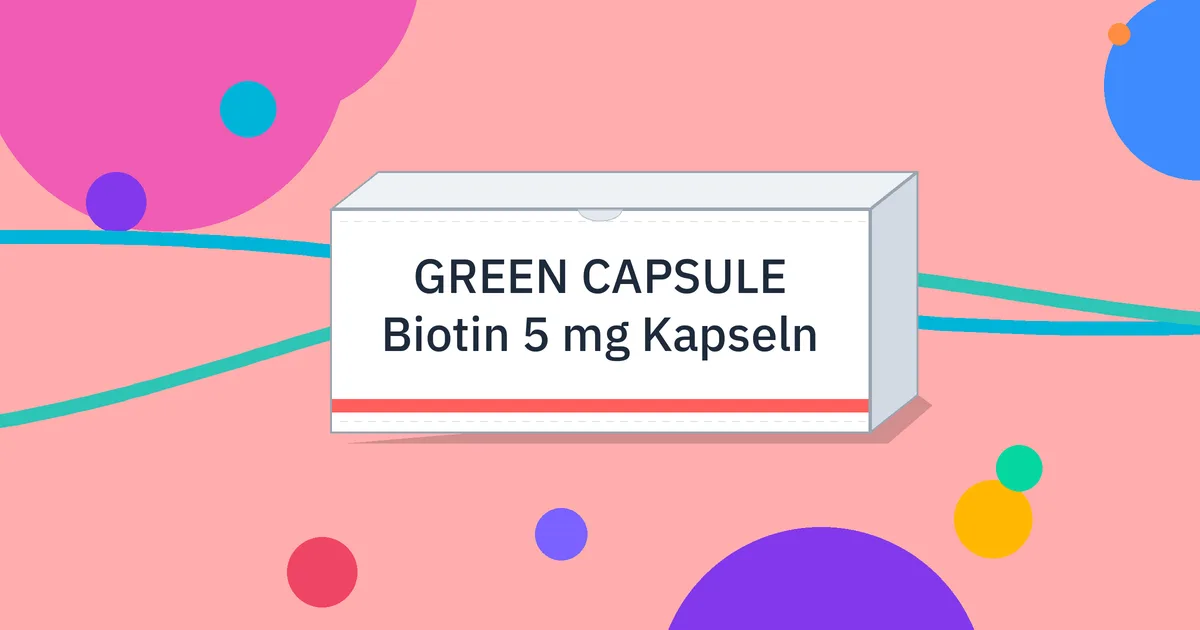 Symbolbild: Packung mit der Aufschrift GREEN CAPSULE Biotin 5 mg Kapseln (PZN 18294953) – Verfügbarkeit und Bezug in Apotheken in Frankfurt am Main