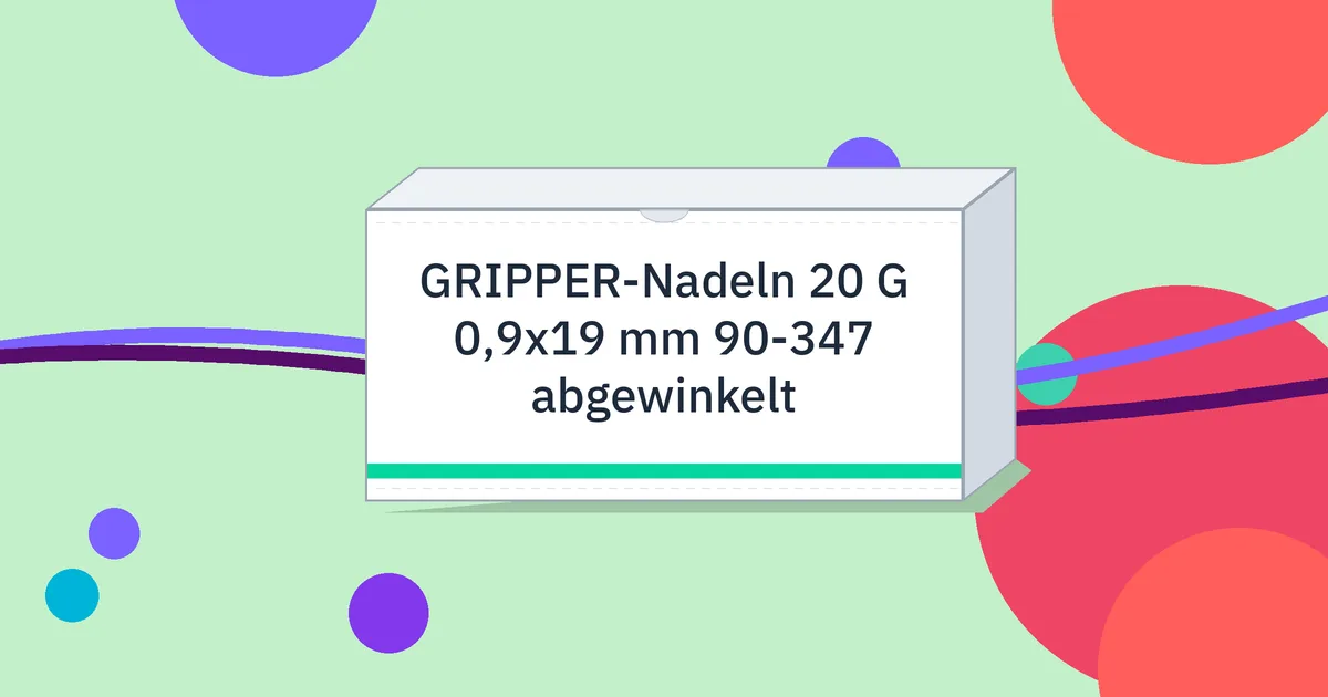 Symbolbild: Packung mit der Aufschrift GRIPPER-Nadeln 20 G 0,9x19 mm 90-347 abgewinkelt (PZN 14287063) – Verfügbarkeit und Bezug in Apotheken in Frankfurt am Main
