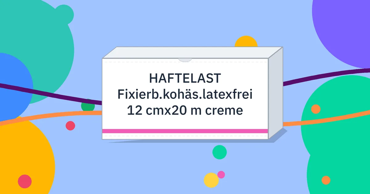 Symbolbild: Packung mit der Aufschrift HAFTELAST Fixierb.kohäs.latexfrei 12 cmx20 m creme (PZN 11382482) – Verfügbarkeit und Bezug in Apotheken in Frankfurt am Main