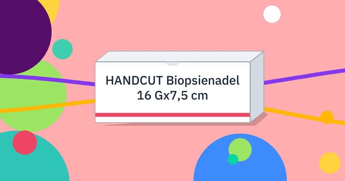 Symbolbild: Packung mit der Aufschrift HANDCUT Biopsienadel 16 Gx7,5 cm (PZN 16921587) – Verfügbarkeit und Bezug in Apotheken in Frankfurt am Main