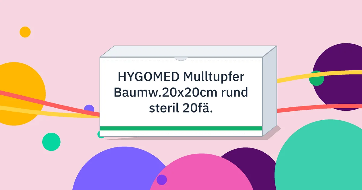 Symbolbild: Packung mit der Aufschrift HYGOMED Mulltupfer Baumw.20x20cm rund steril 20fä. (PZN 20383026) – Verfügbarkeit und Bezug in Apotheken in Frankfurt am Main