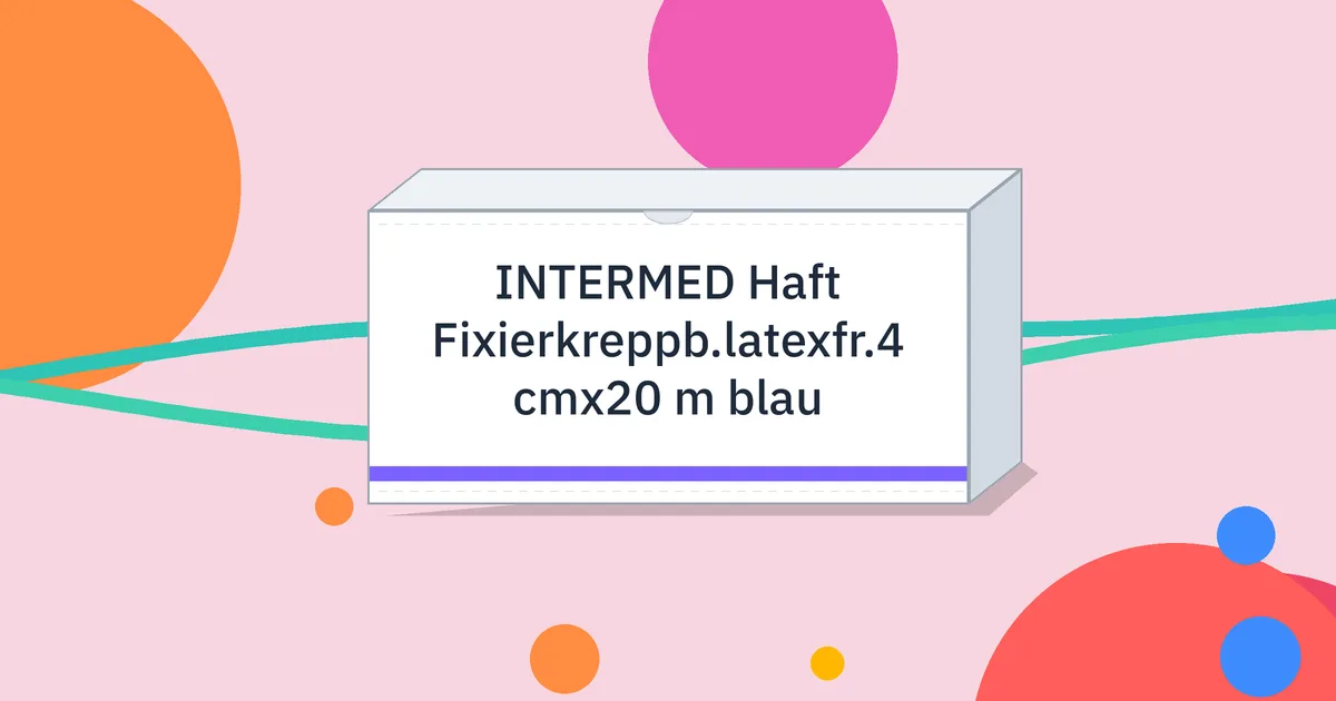 Symbolbild: Packung mit der Aufschrift INTERMED Haft Fixierkreppb.latexfr.4 cmx20 m blau (PZN 10944280) – Verfügbarkeit und Bezug in Apotheken in Frankfurt am Main