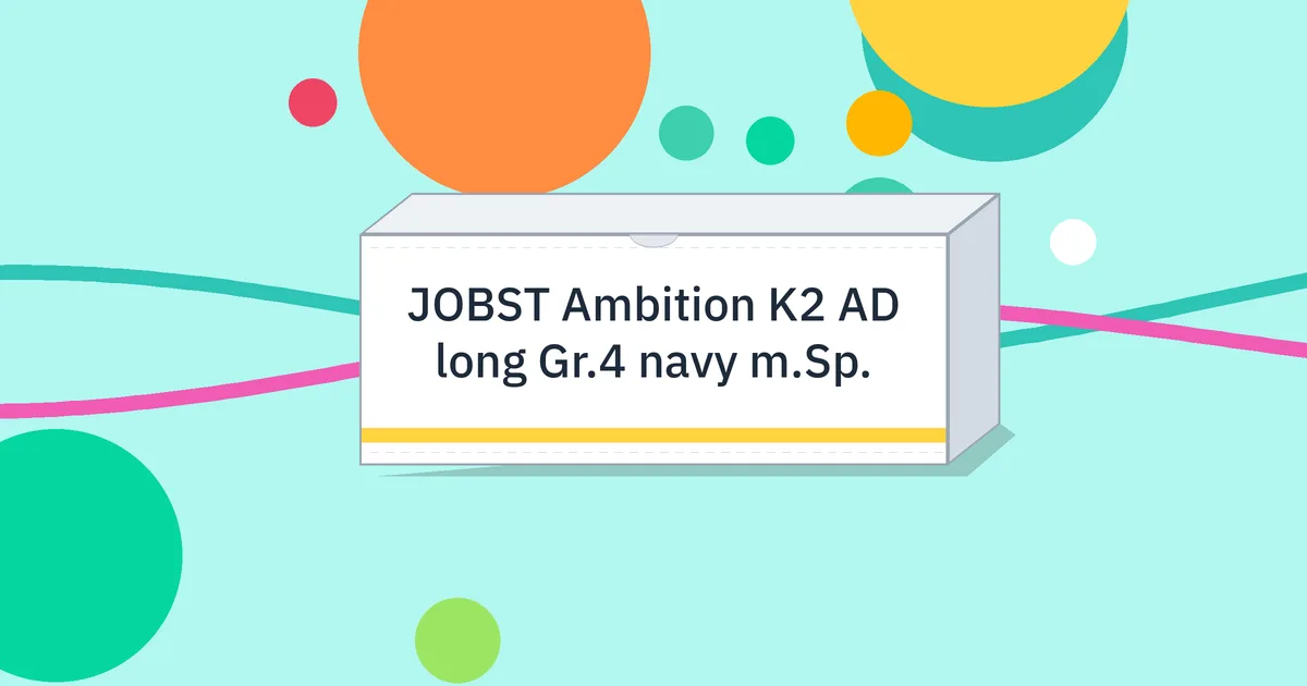 Symbolbild: Packung mit der Aufschrift JOBST Ambition K2 AD long Gr.4 navy m.Sp. (PZN 11020709) – Verfügbarkeit und Bezug in Apotheken in Frankfurt am Main
