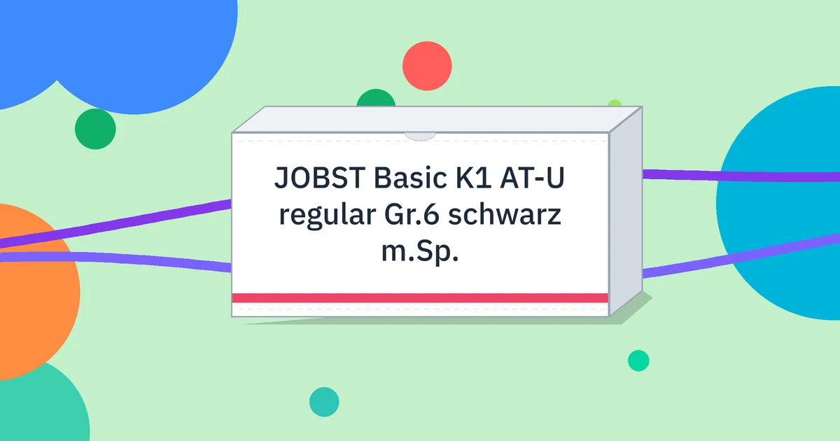 Symbolbild: Packung mit der Aufschrift JOBST Basic K1 AT-U regular Gr.6 schwarz m.Sp. (PZN 15310597) – Verfügbarkeit und Bezug in Apotheken in Frankfurt am Main