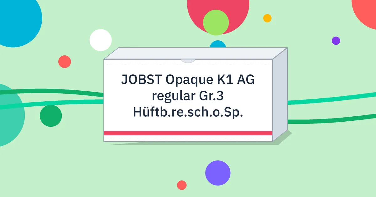 Symbolbild: Packung mit der Aufschrift JOBST Opaque K1 AG regular Gr.3 Hüftb.re.sch.o.Sp. (PZN 13101719) – Verfügbarkeit und Bezug in Apotheken in Frankfurt am Main