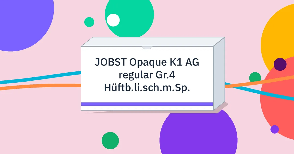 Symbolbild: Packung mit der Aufschrift JOBST Opaque K1 AG regular Gr.4 Hüftb.li.sch.m.Sp. (PZN 13099945) – Verfügbarkeit und Bezug in Apotheken in Frankfurt am Main