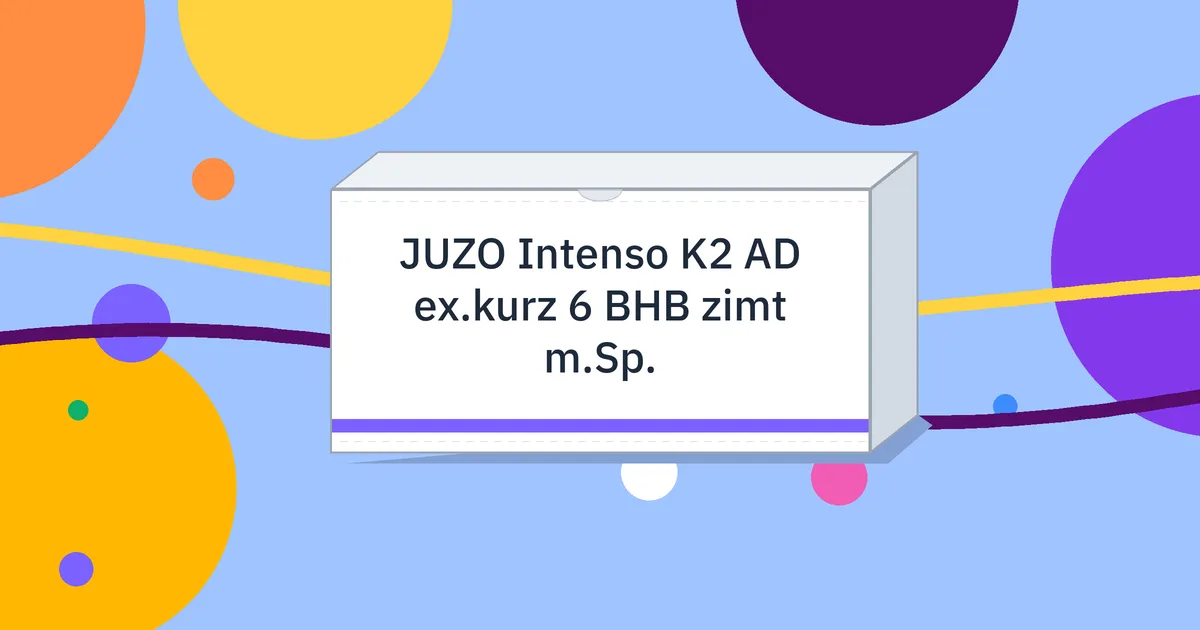 Symbolbild: Packung mit der Aufschrift JUZO Intenso K2 AD ex.kurz 6 BHB zimt m.Sp. (PZN 18615038) – Verfügbarkeit und Bezug in Apotheken in Frankfurt am Main