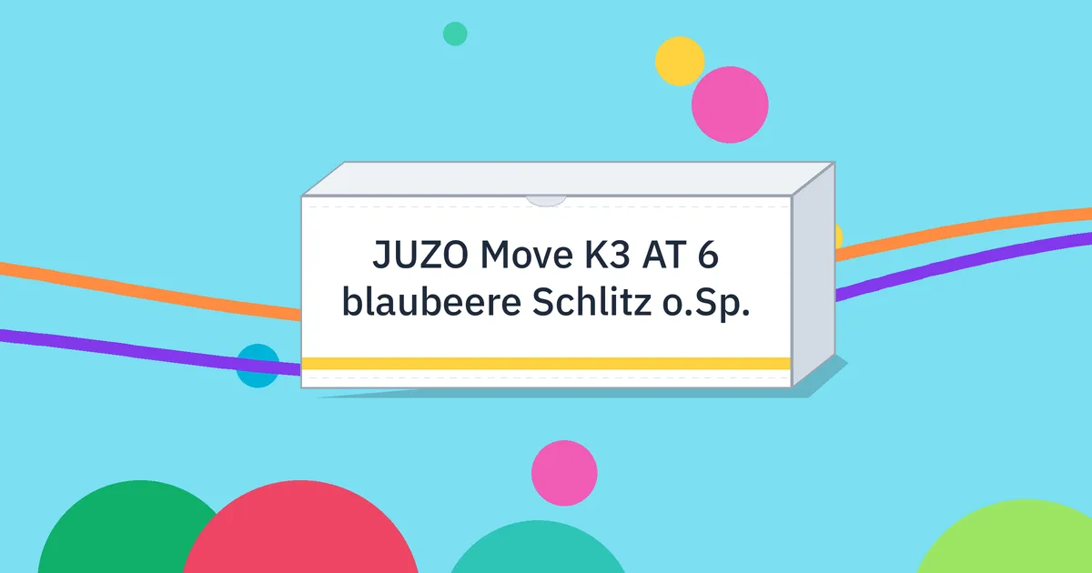Symbolbild: Packung mit der Aufschrift JUZO Move K3 AT 6 blaubeere Schlitz o.Sp. (PZN 20679608) – Verfügbarkeit und Bezug in Apotheken in Frankfurt am Main