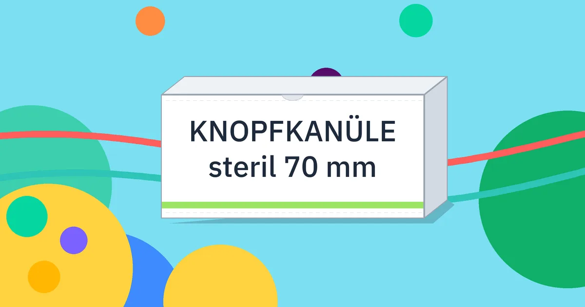 Symbolbild: Packung mit der Aufschrift KNOPFKANÜLE steril 70 mm (PZN 16778747) – Verfügbarkeit und Bezug in Apotheken in Frankfurt am Main