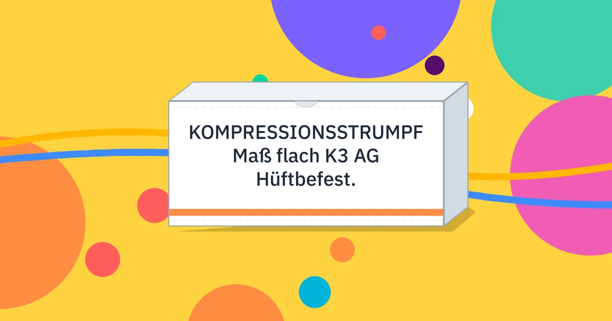 Symbolbild: Packung mit der Aufschrift KOMPRESSIONSSTRUMPF Maß flach K3 AG Hüftbefest. (PZN 16745587) – Verfügbarkeit und Bezug in Apotheken in Frankfurt am Main