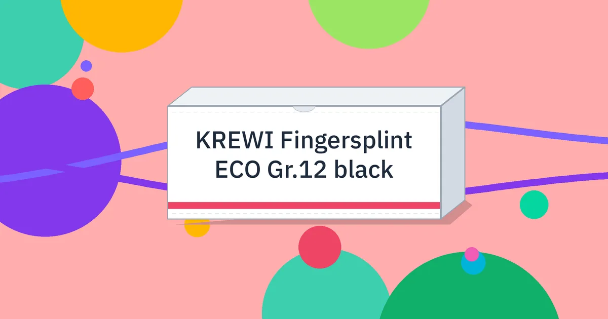 Symbolbild: Packung mit der Aufschrift KREWI Fingersplint ECO Gr.12 black (PZN 20392433) – Verfügbarkeit und Bezug in Apotheken in Frankfurt am Main