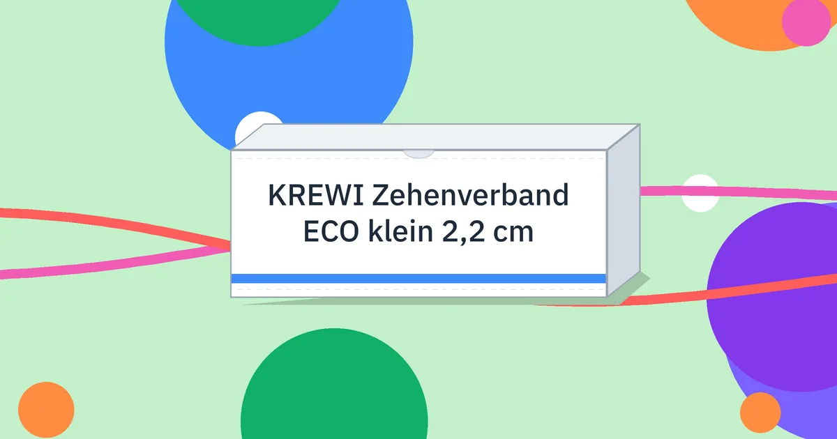 Symbolbild: Packung mit der Aufschrift KREWI Zehenverband ECO klein 2,2 cm (PZN 18129792) – Verfügbarkeit und Bezug in Apotheken in Frankfurt am Main