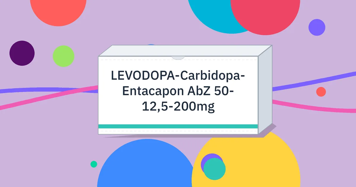 Symbolbild: Packung mit der Aufschrift LEVODOPA-Carbidopa-Entacapon AbZ 50-12,5-200mg (PZN 10712842) – Verfügbarkeit und Bezug in Apotheken in Frankfurt am Main