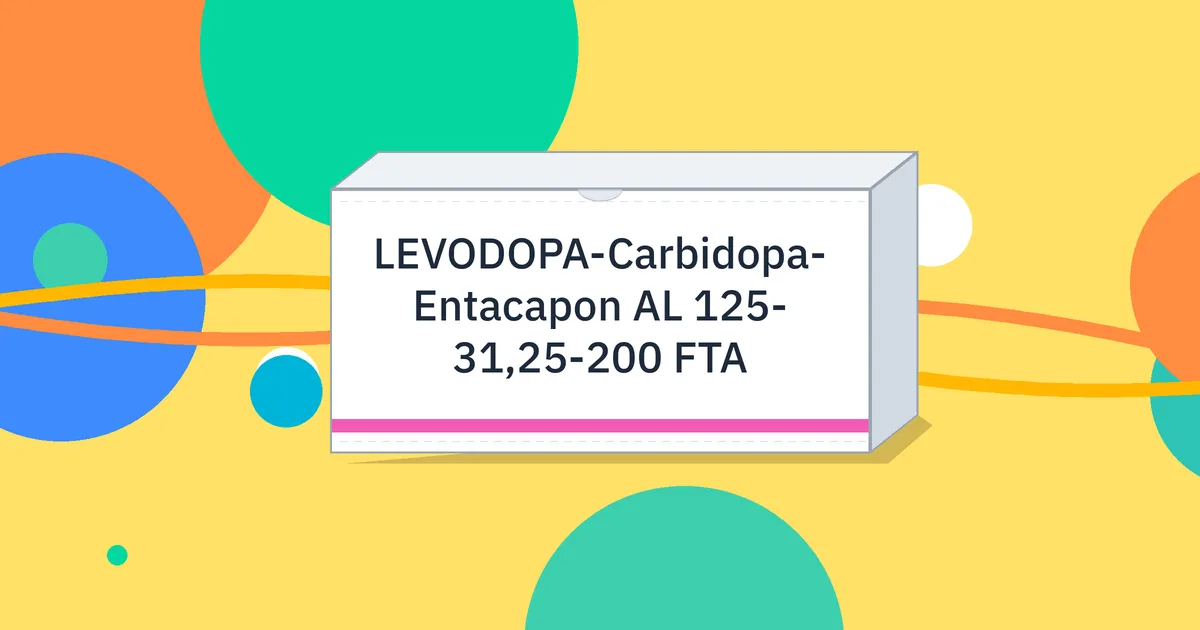 Symbolbild: Packung mit der Aufschrift LEVODOPA-Carbidopa-Entacapon AL 125-31,25-200 FTA (PZN 10385969) – Verfügbarkeit und Bezug in Apotheken in Frankfurt am Main