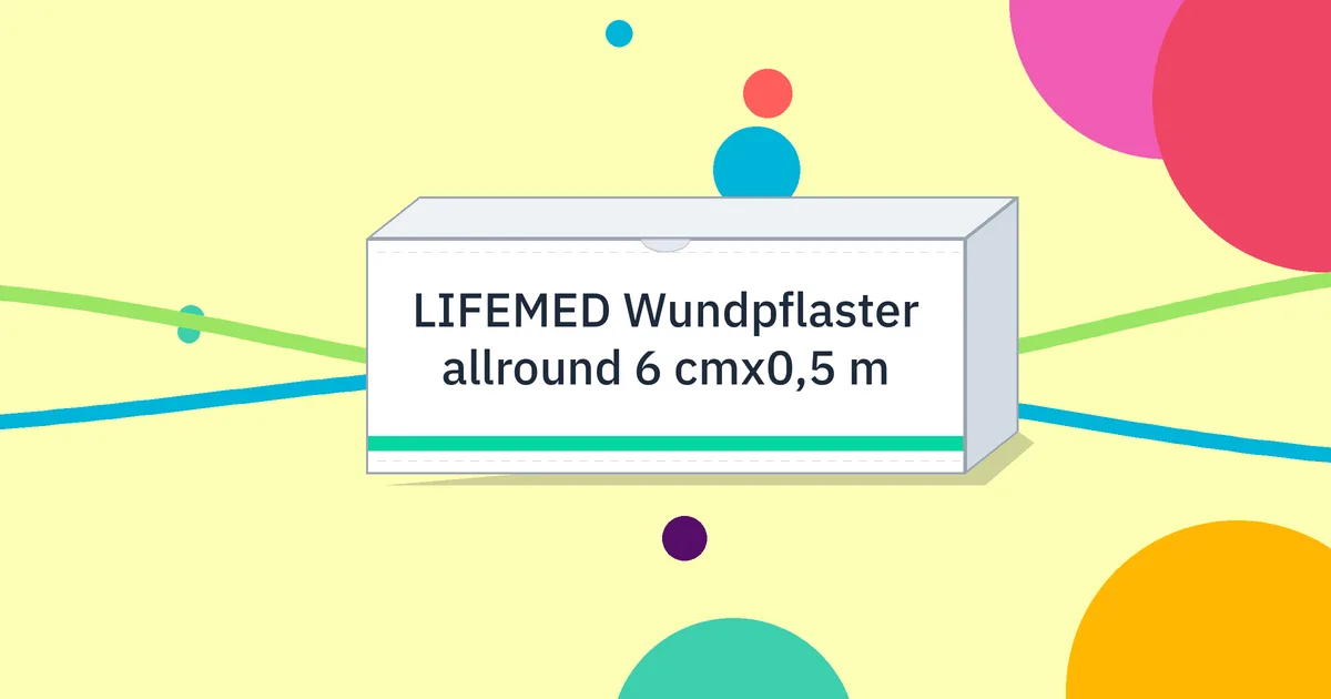 Symbolbild: Packung mit der Aufschrift LIFEMED Wundpflaster allround 6 cmx0,5 m (PZN 19134157) – Verfügbarkeit und Bezug in Apotheken in Frankfurt am Main