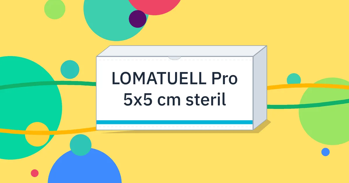 Symbolbild: Packung mit der Aufschrift LOMATUELL Pro 5x5 cm steril (PZN 18668224) – Verfügbarkeit und Bezug in Apotheken in Frankfurt am Main