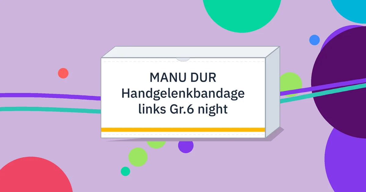 Symbolbild: Packung mit der Aufschrift MANU DUR Handgelenkbandage links Gr.6 night (PZN 19960582) – Verfügbarkeit und Bezug in Apotheken in Frankfurt am Main