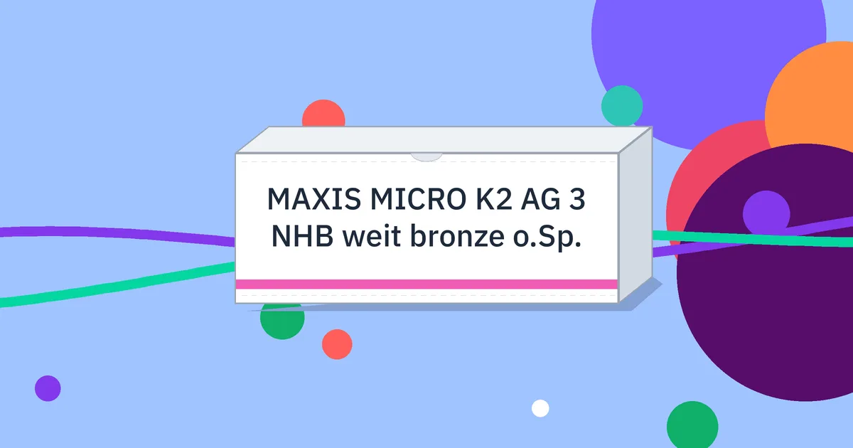 Symbolbild: Packung mit der Aufschrift MAXIS MICRO K2 AG 3 NHB weit bronze o.Sp. (PZN 17674004) – Verfügbarkeit und Bezug in Apotheken in Frankfurt am Main