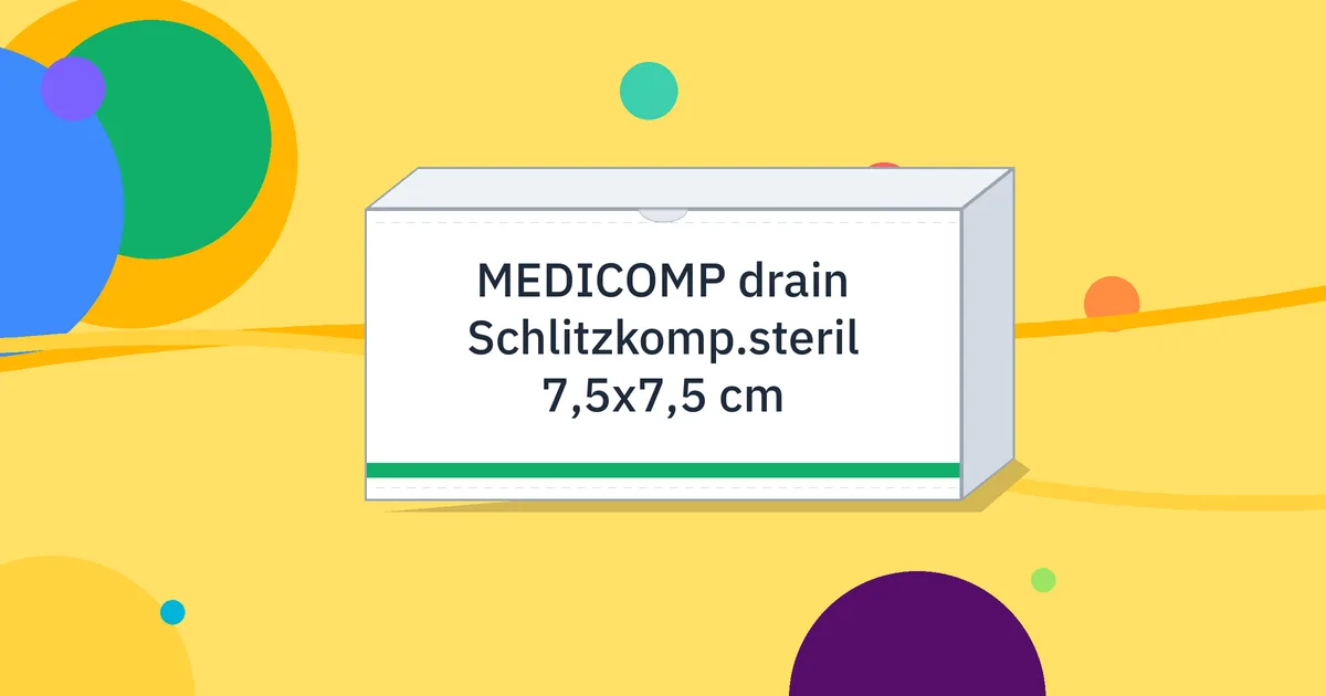 Symbolbild: Packung mit der Aufschrift MEDICOMP drain Schlitzkomp.steril 7,5x7,5 cm (PZN 16585497) – Verfügbarkeit und Bezug in Apotheken in Frankfurt am Main