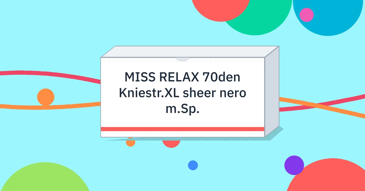 Symbolbild: Packung mit der Aufschrift MISS RELAX 70den Kniestr.XL sheer nero m.Sp. (PZN 20376948) – Verfügbarkeit und Bezug in Apotheken in Frankfurt am Main