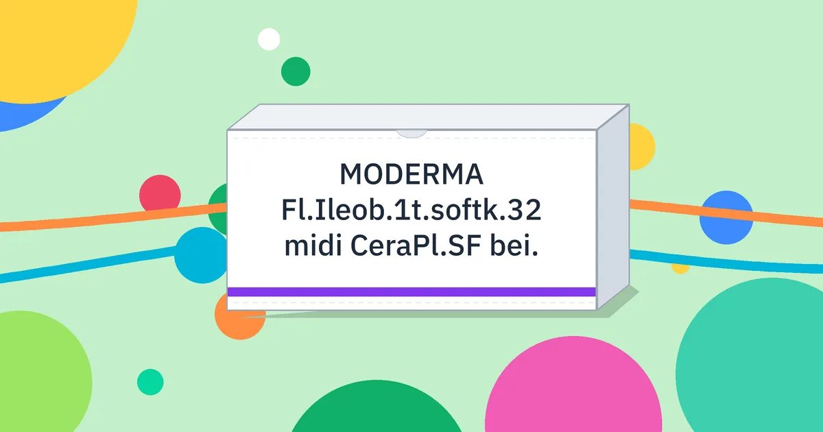 Symbolbild: Packung mit der Aufschrift MODERMA Fl.Ileob.1t.softk.32 midi CeraPl.SF bei. (PZN 18109128) – Verfügbarkeit und Bezug in Apotheken in Frankfurt am Main