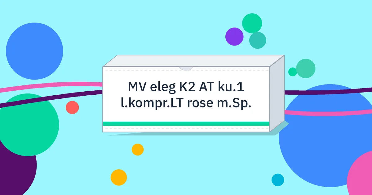 Symbolbild: Packung mit der Aufschrift MV eleg K2 AT ku.1 l.kompr.LT rose m.Sp. (PZN 14691551) – Verfügbarkeit und Bezug in Apotheken in Frankfurt am Main