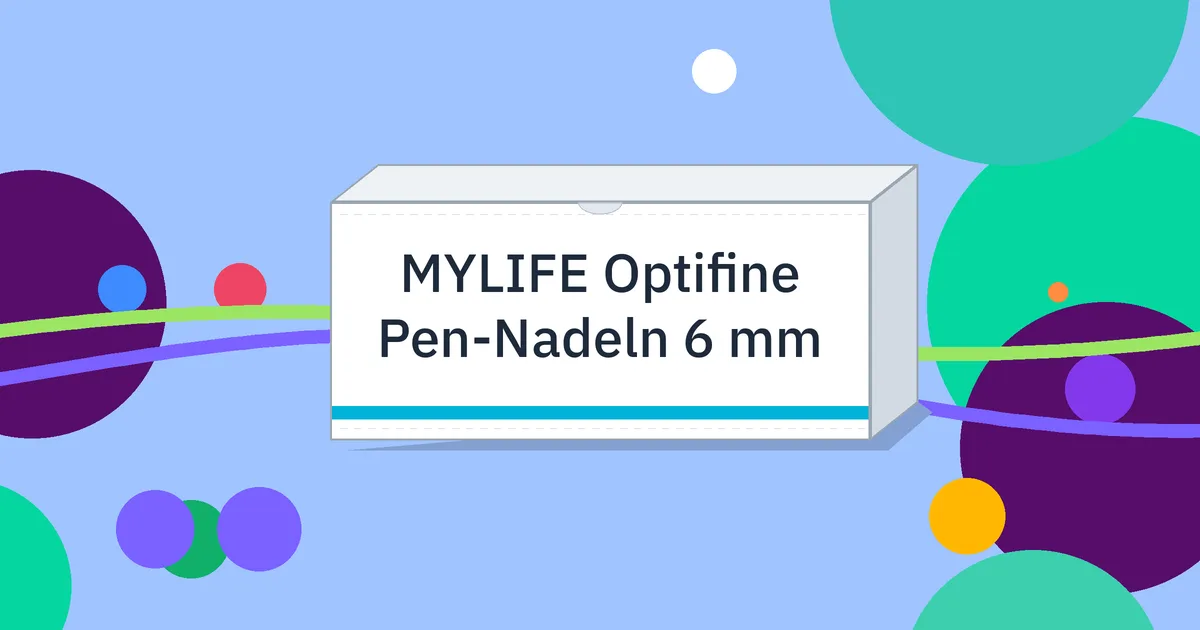 Symbolbild: Packung mit der Aufschrift MYLIFE Optifine Pen-Nadeln 6 mm (PZN 05524185) – Verfügbarkeit und Bezug in Apotheken in Frankfurt am Main