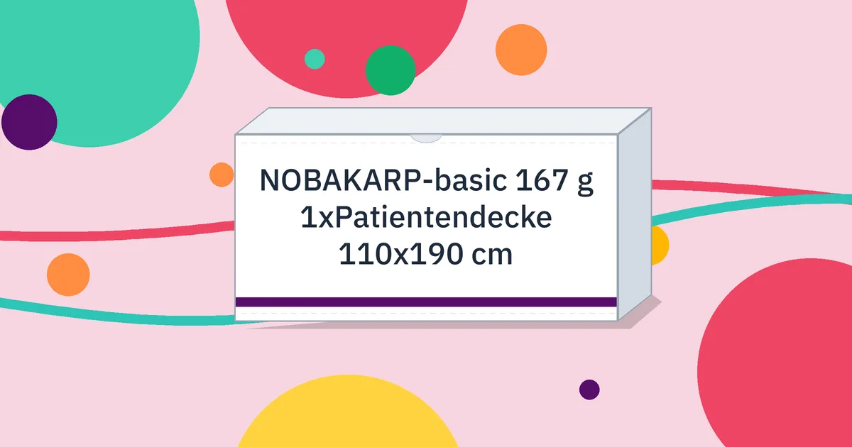 Symbolbild: Packung mit der Aufschrift NOBAKARP-basic 167 g 1xPatientendecke 110x190 cm (PZN 13878477) – Verfügbarkeit und Bezug in Apotheken in Frankfurt am Main