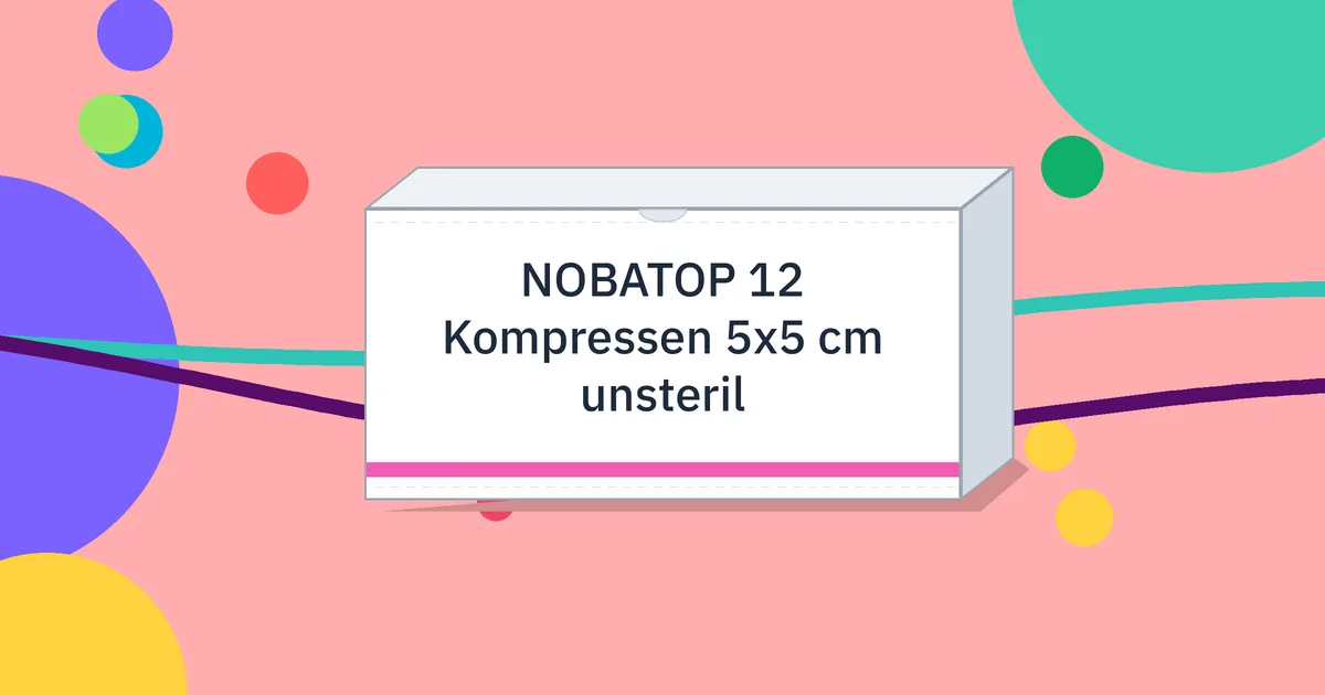 Symbolbild: Packung mit der Aufschrift NOBATOP 12 Kompressen 5x5 cm unsteril (PZN 07099243) – Verfügbarkeit und Bezug in Apotheken in Frankfurt am Main