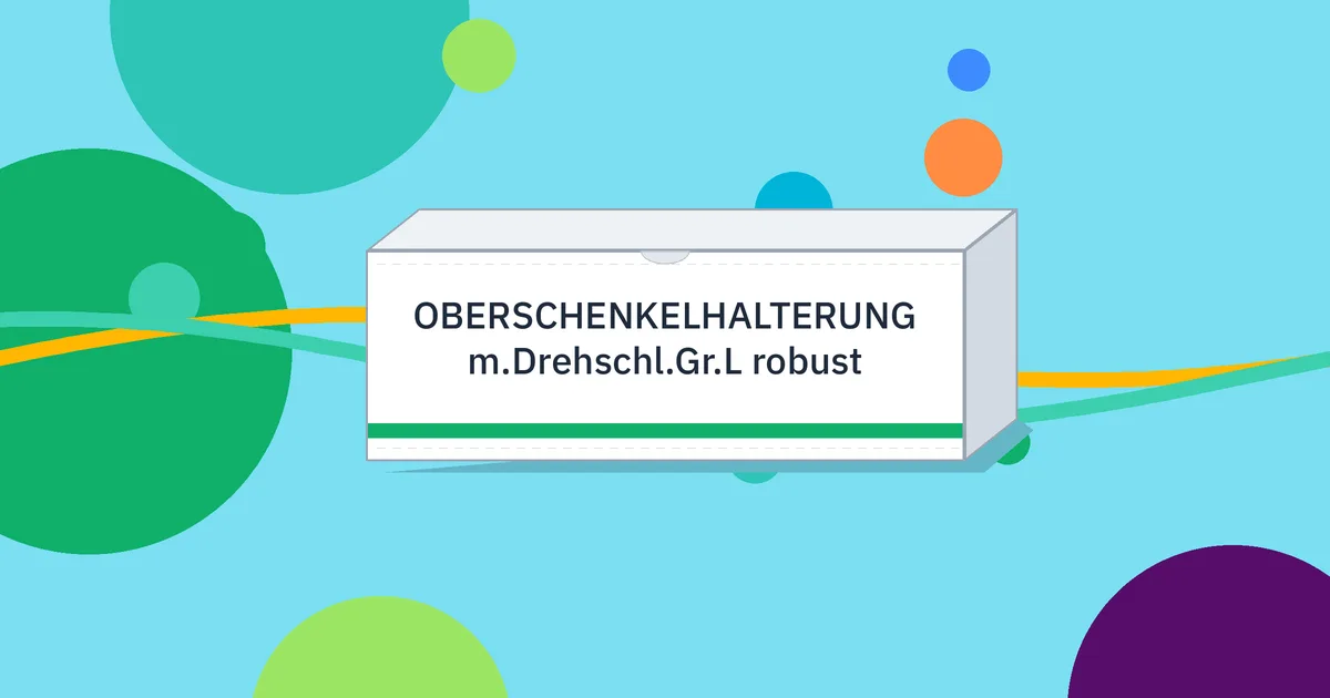 Symbolbild: Packung mit der Aufschrift OBERSCHENKELHALTERUNG m.Drehschl.Gr.L robust (PZN 11568790) – Verfügbarkeit und Bezug in Apotheken in Frankfurt am Main