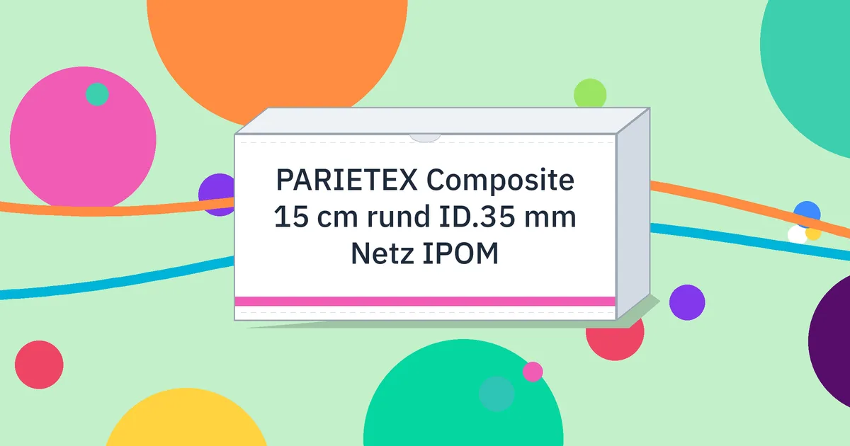 Symbolbild: Packung mit der Aufschrift PARIETEX Composite 15 cm rund ID.35 mm Netz IPOM (PZN 09153389) – Verfügbarkeit und Bezug in Apotheken in Frankfurt am Main
