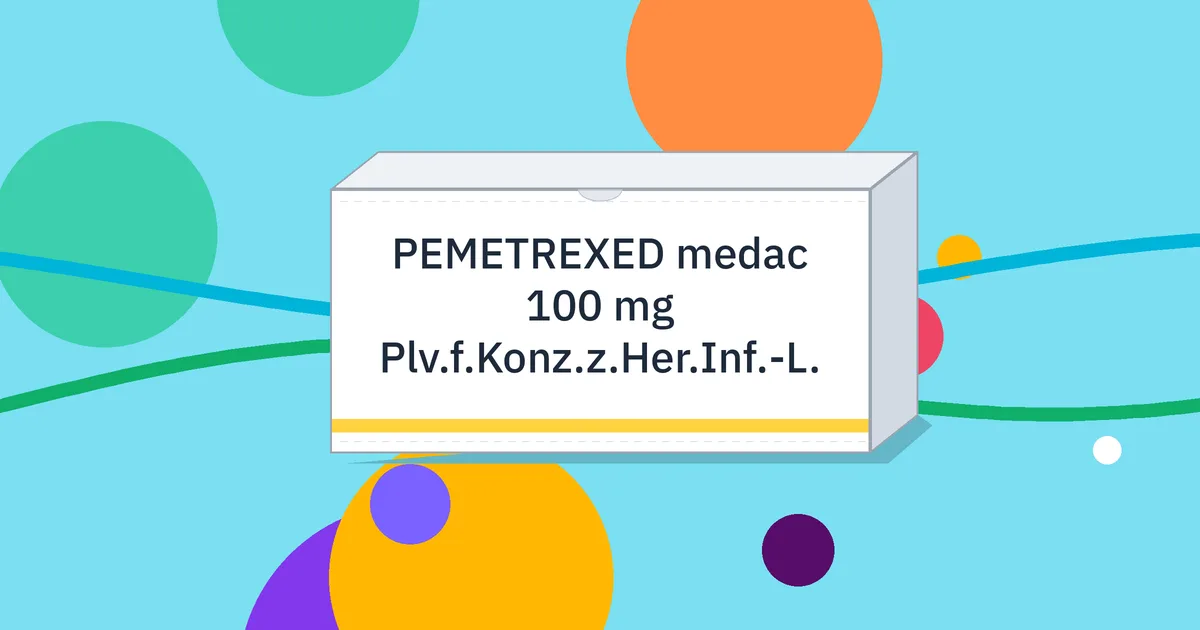 Symbolbild: Packung mit der Aufschrift PEMETREXED medac 100 mg Plv.f.Konz.z.Her.Inf.-L. (PZN 11313297) – Verfügbarkeit und Bezug in Apotheken in Frankfurt am Main