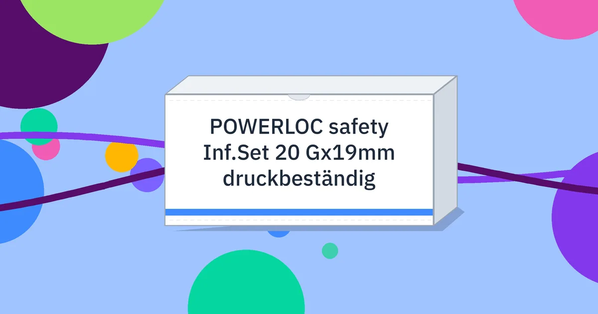 Symbolbild: Packung mit der Aufschrift POWERLOC safety Inf.Set 20 Gx19mm druckbeständig (PZN 18816736) – Verfügbarkeit und Bezug in Apotheken in Frankfurt am Main
