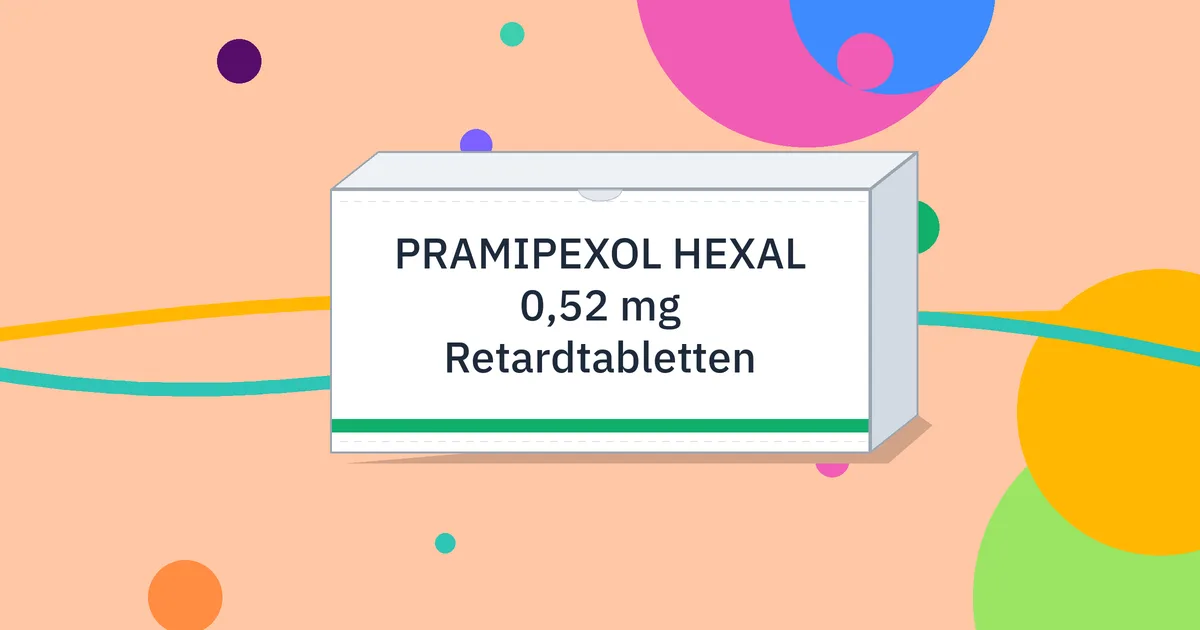 Symbolbild: Packung mit der Aufschrift PRAMIPEXOL HEXAL 0,52 mg Retardtabletten (PZN 08454953) – Verfügbarkeit und Bezug in Apotheken in Frankfurt am Main